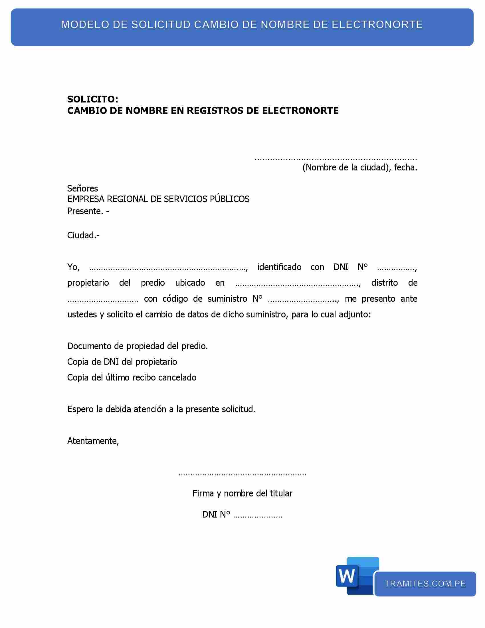 Modelo de Solicitud Cambio de Nombre Electronorte - 【WORD