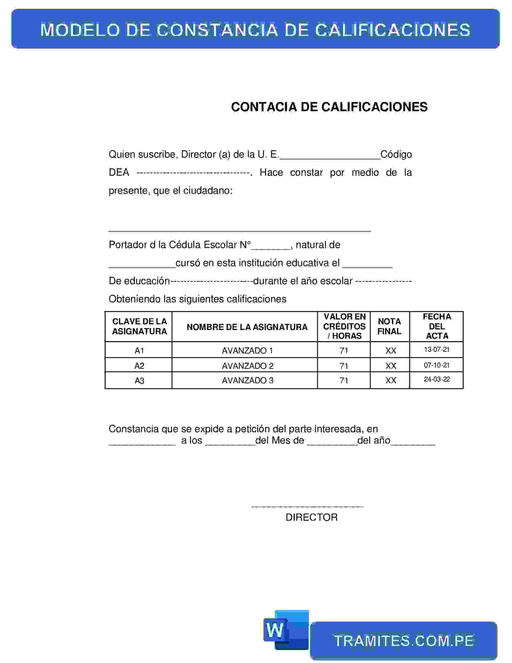 Modelo de constancia de notas | Descargar WORD y PDF