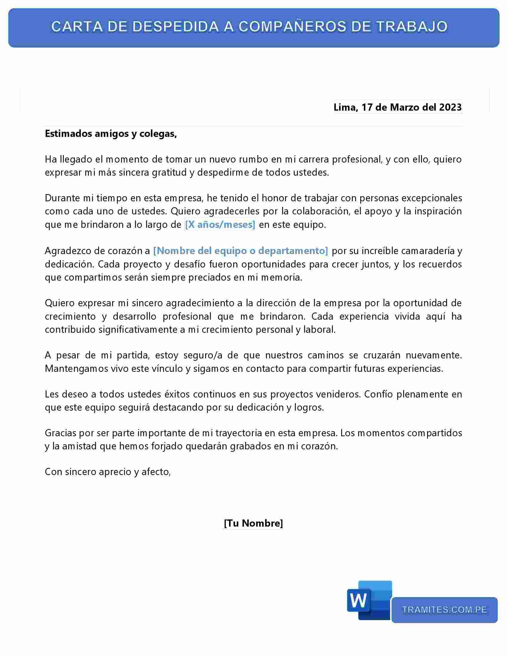Carta de Despedida a Compañeros de Trabajo- WORD