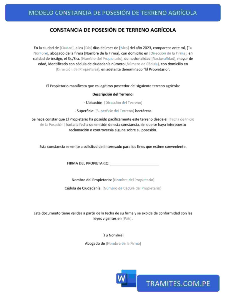 Modelo de constancia de posesión de terreno agrícola