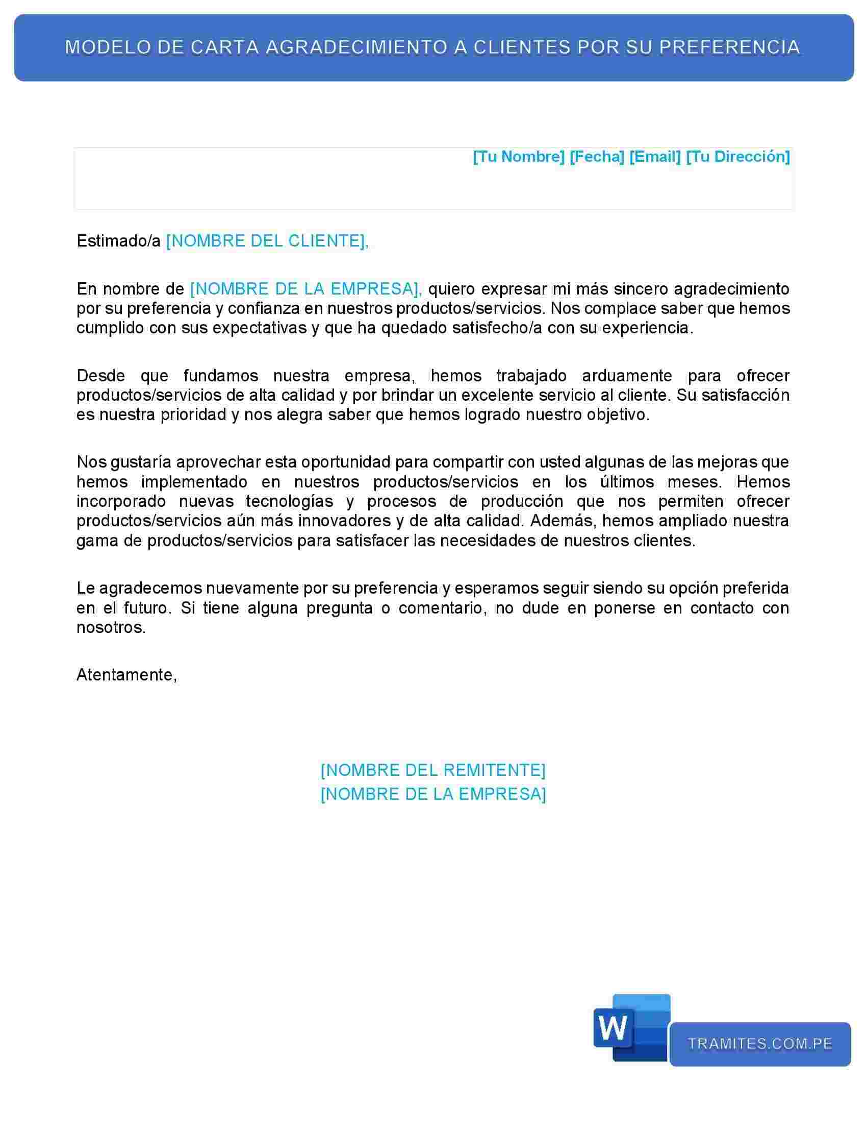 Carta de Agradecimiento a Clientes por su Preferencia- 【WORD】