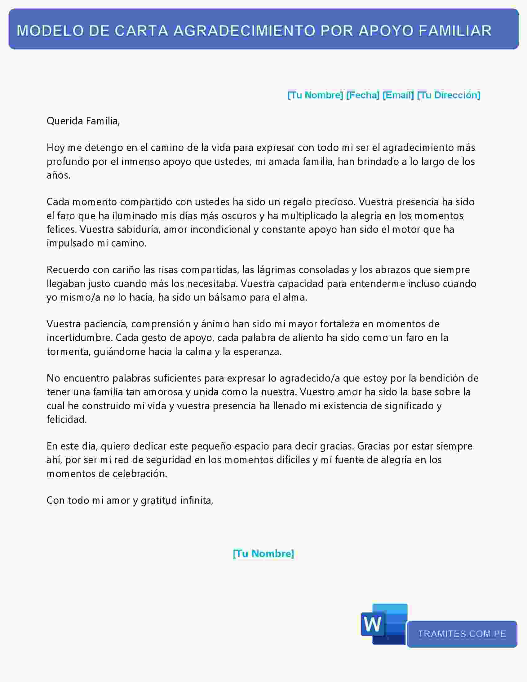 Carta de Agradecimiento por Apoyo Familiar- Descargar【WORD】