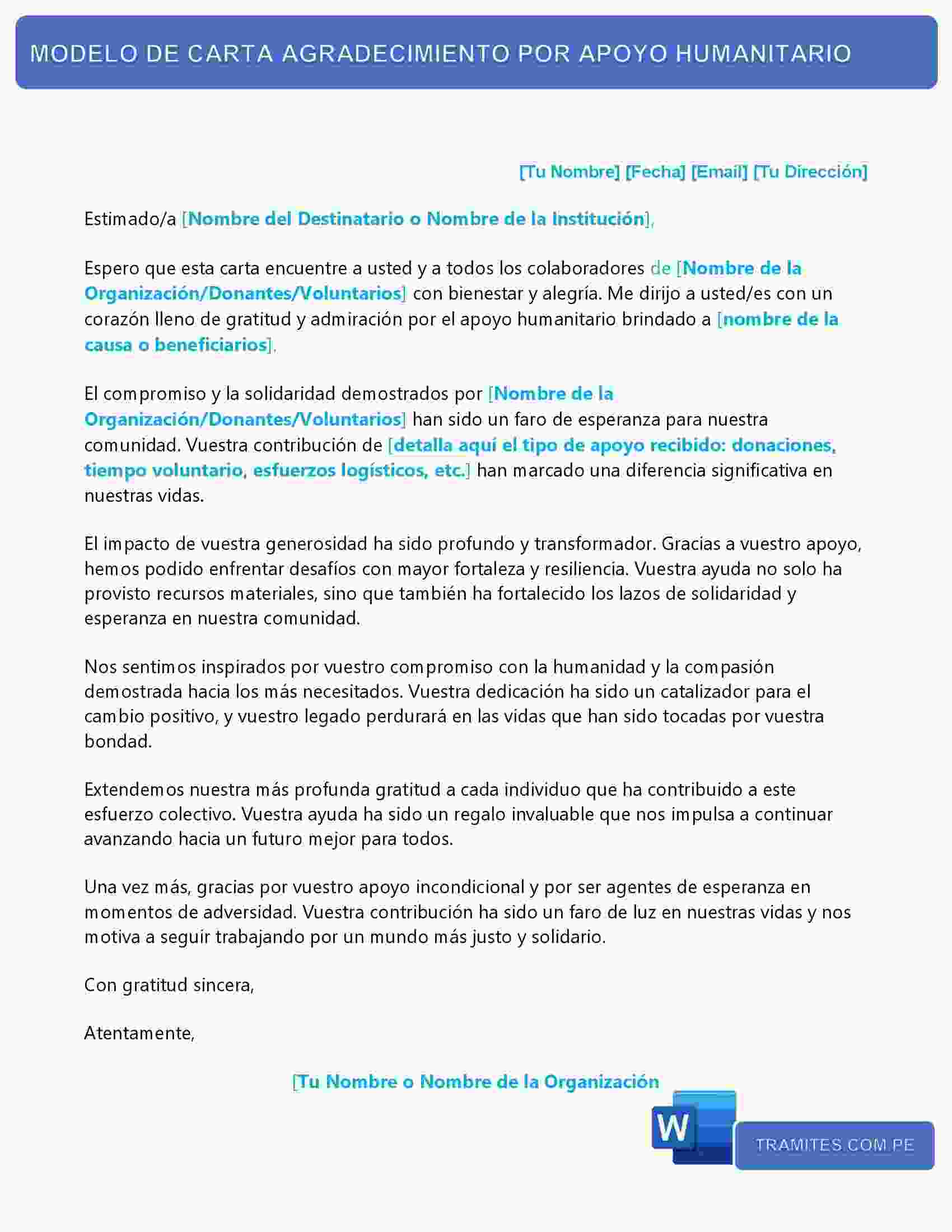 Carta de Agradecimiento por Apoyo Humanitario- 【WORD】