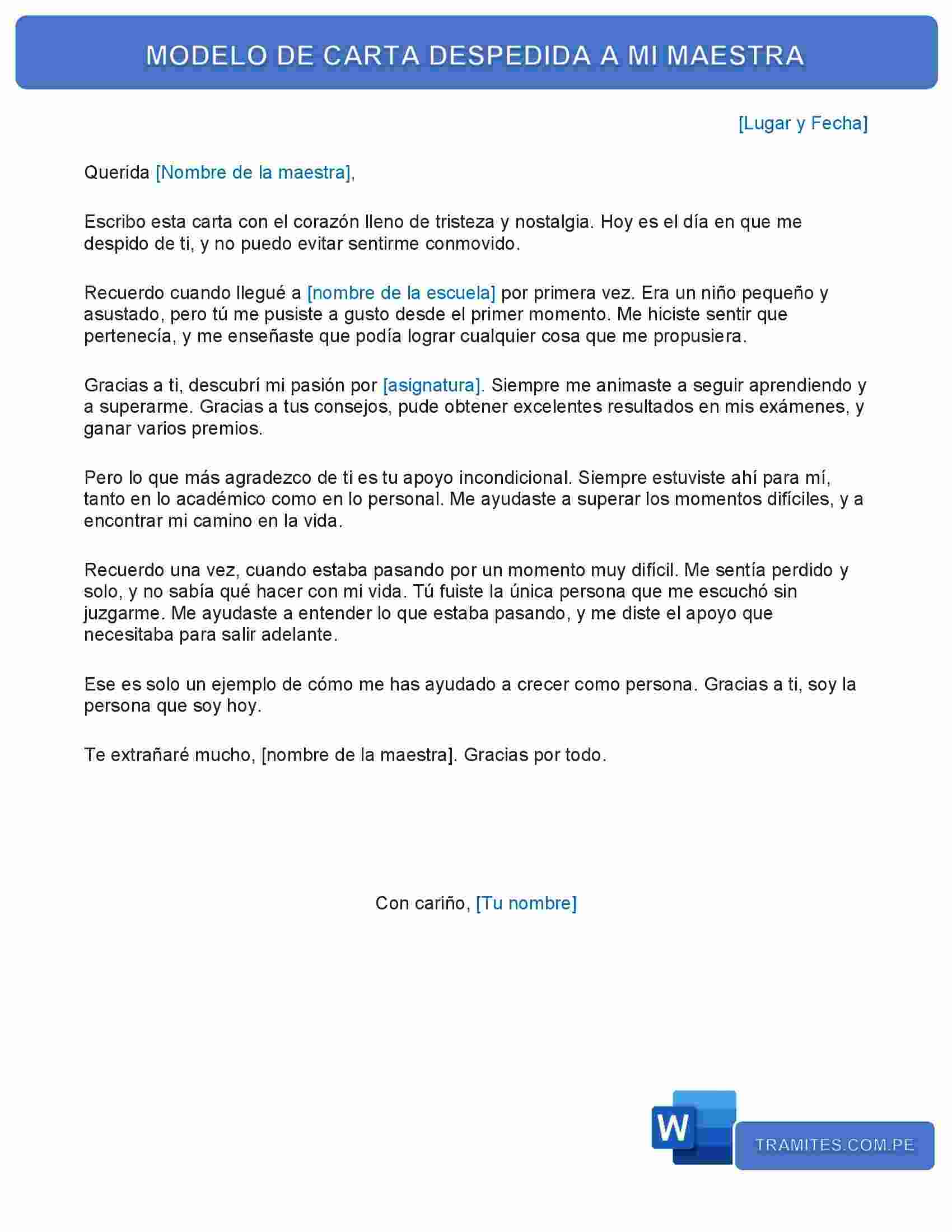 Carta de Despedida para mi Maestra- Modelo en WORD