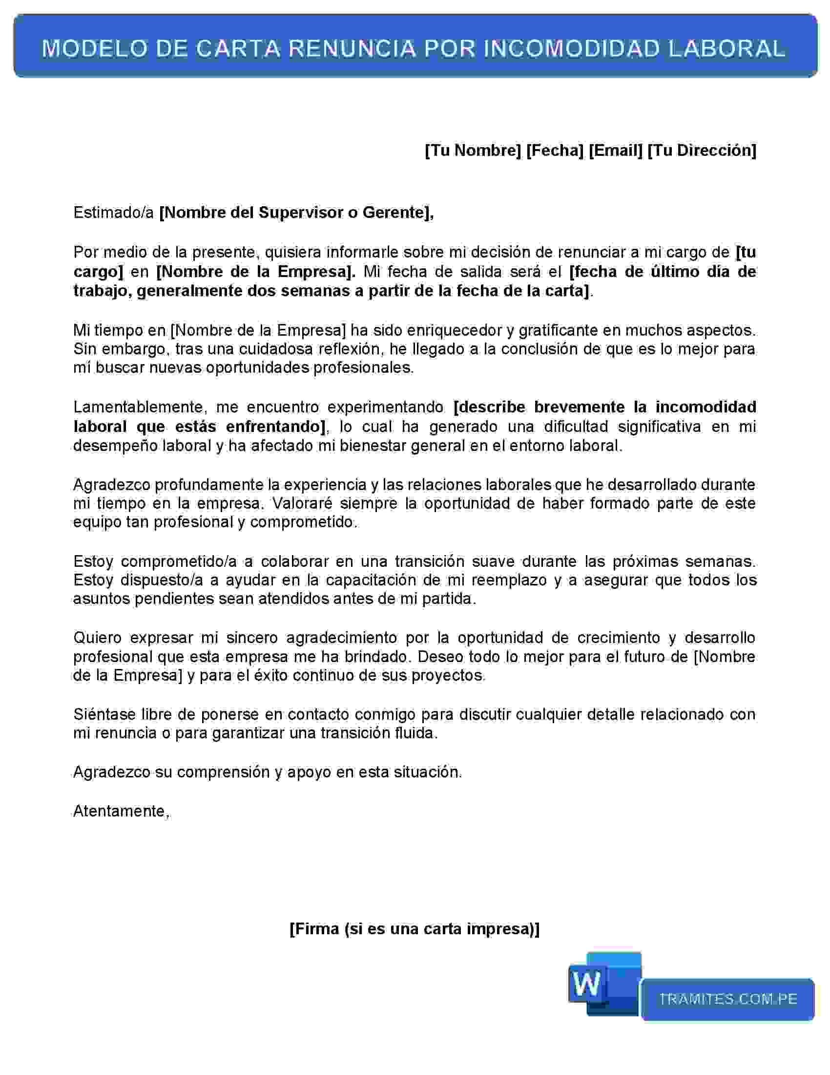 Carta de Renuncia por Incomodidad Laboral - Ejemplo【WORD】