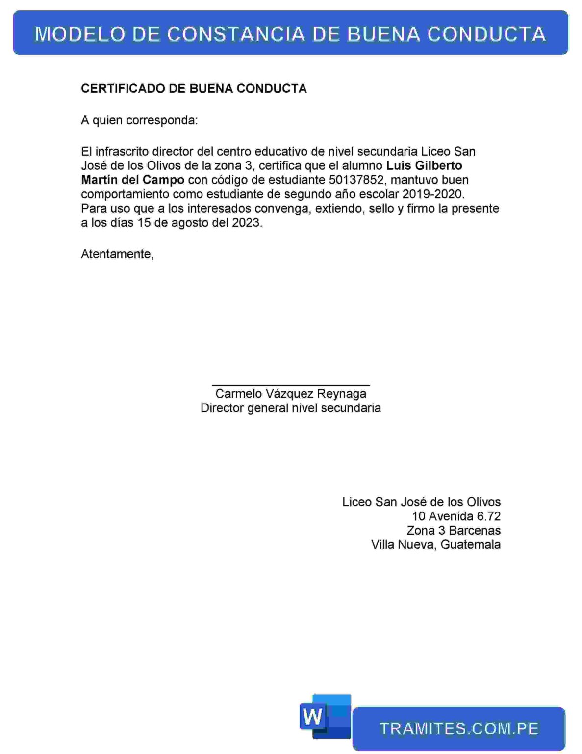 Modelo de Constancia de Conducta Escolar - 【WORD】