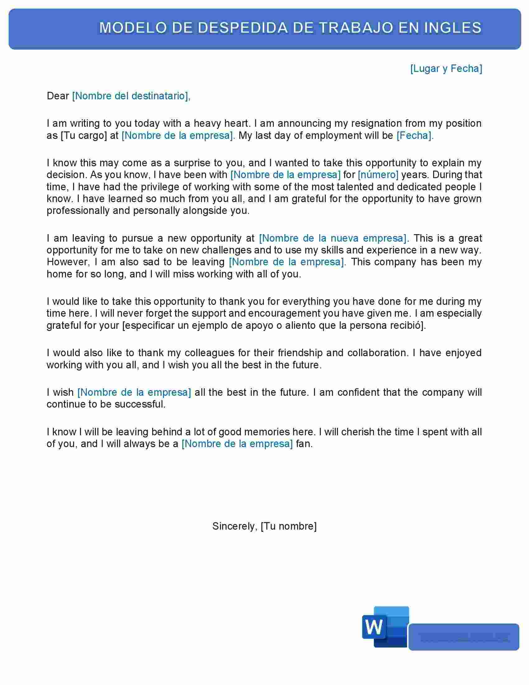 Carta De Despedida De Trabajo Word