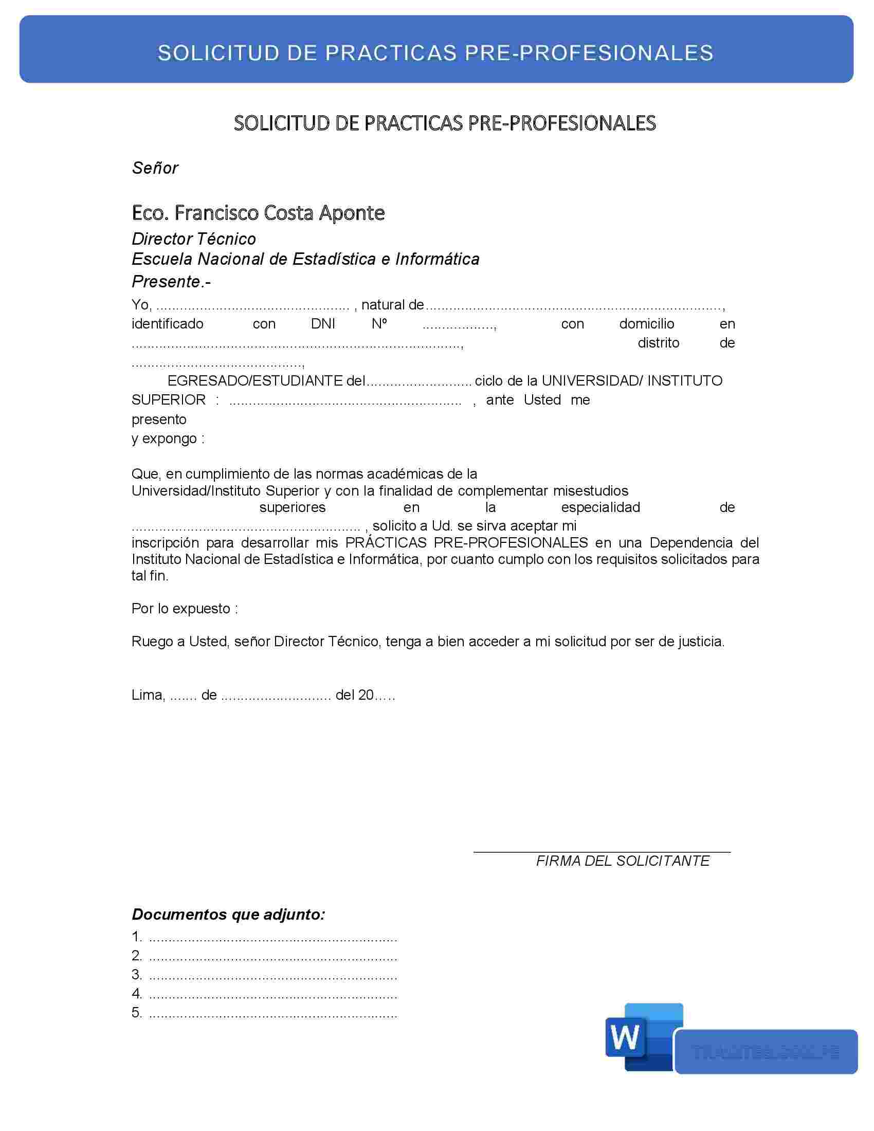 Modelo de Solicitud de Prácticas Pre-Profesionales- 【WORD Modelo de Solicitud de Prácticas Pre-Profesionales- 【WORD