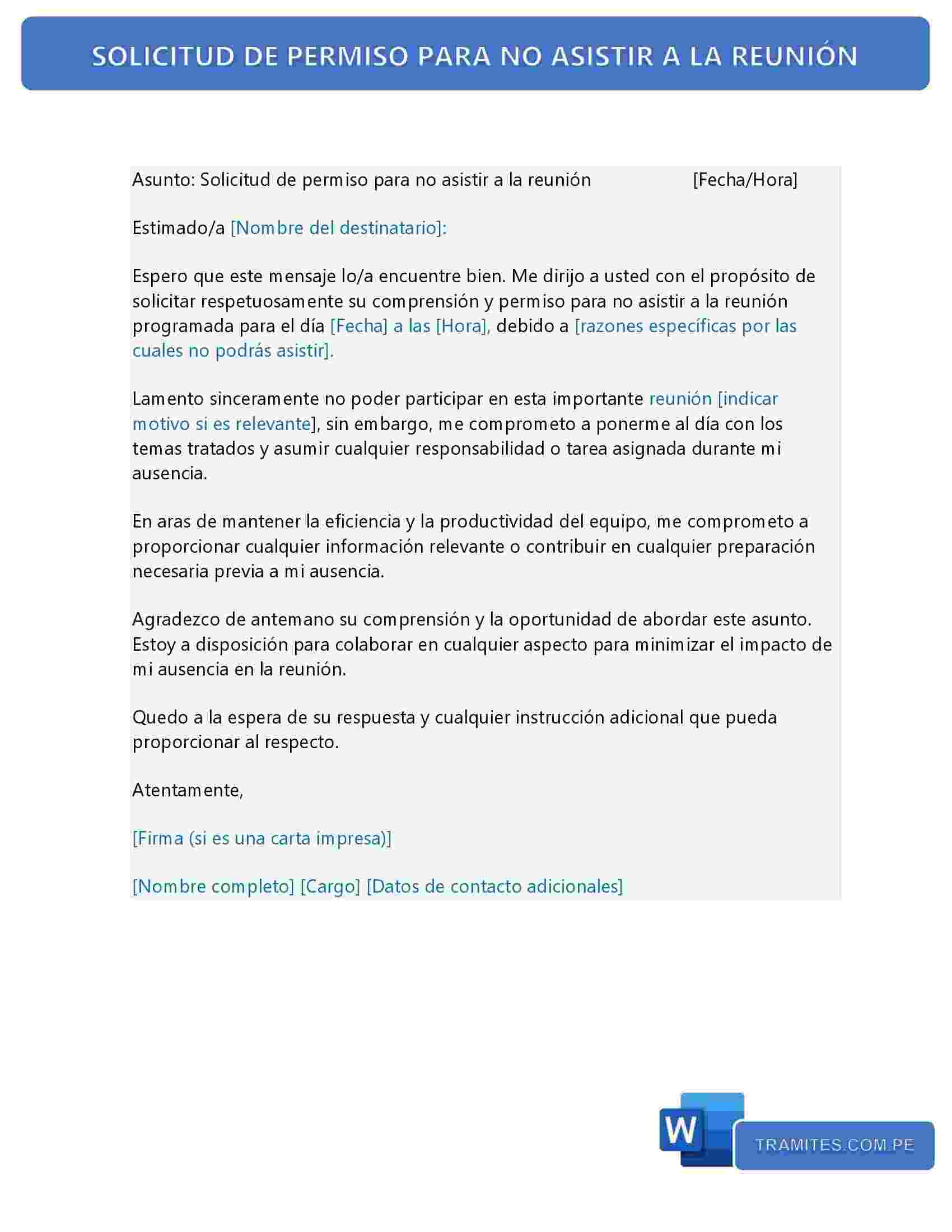Modelo de Solicitud de Permiso para no Asistir a una Reunión
